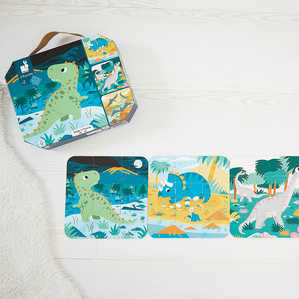 Janod Puzzle pre deti 4v1 Dinosaury v kufríku 6-9-12-16 ks | Kidmania